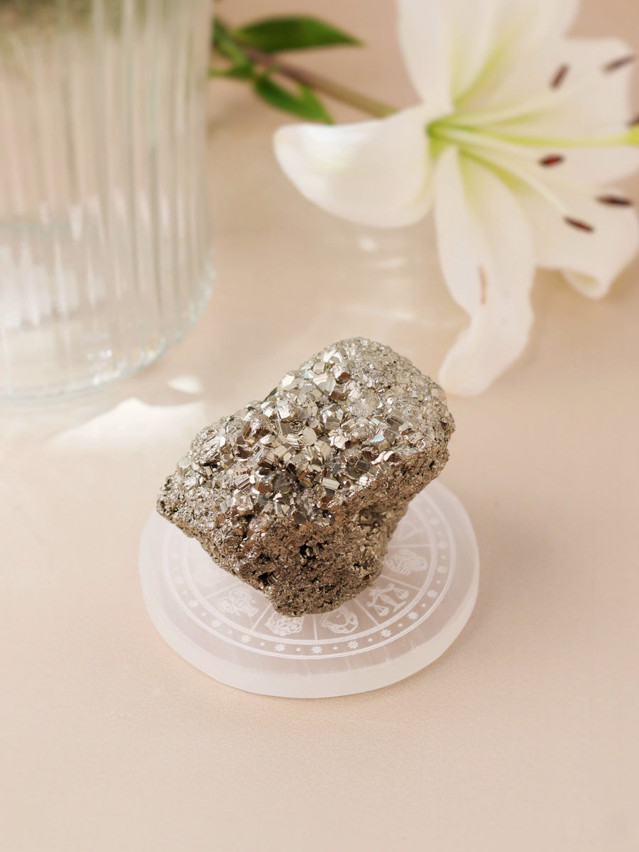 Pyrite Cluster & Selenite Plate – The Stardust Studio